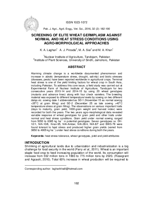 (PDF) Screening of Elite Wheat Germplasm Against Normal and Heat Stress Conditions Using Agro ...