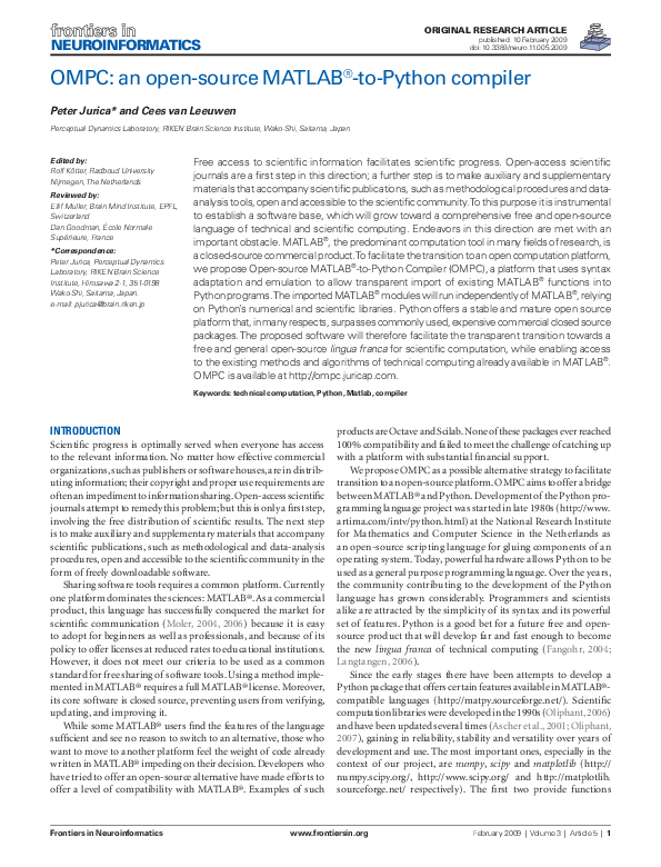 Pdf Ompc An Open Source Matlab® To Python Compiler