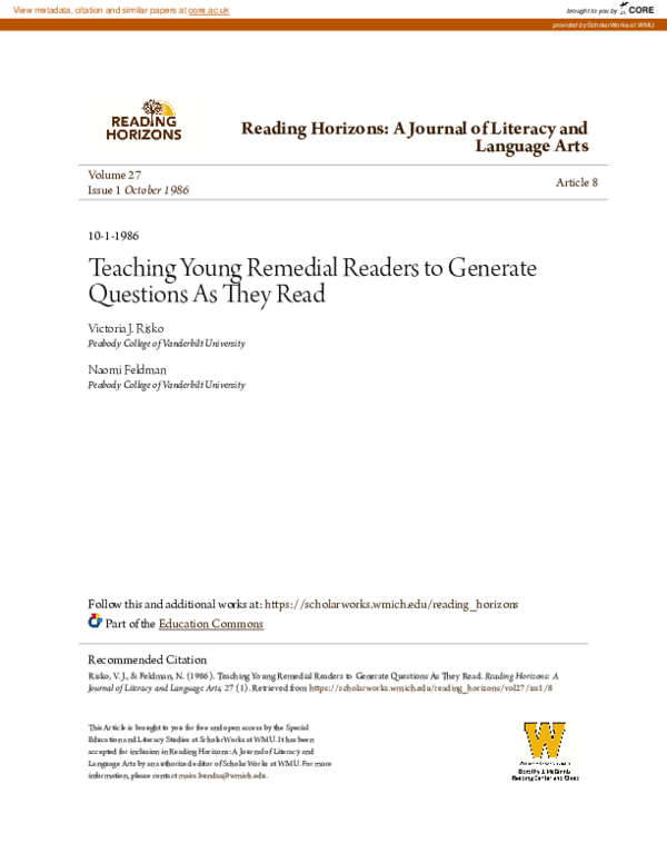 (PDF) Teaching Young Remedial Readers to Generate Questions as They Read