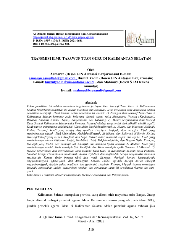 (PDF) Transmisi Ilmu Tasawuf Tuan Guru di Kalimantan Selatan | Husnul Yaqin - Academia.edu