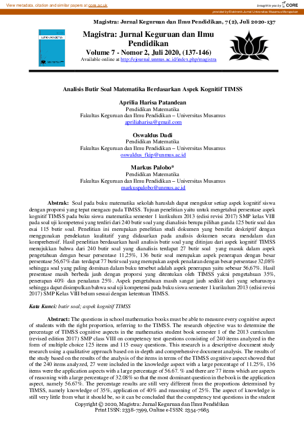 (PDF) Analisis Butir Soal Matematika Berdasarkan Aspek Kognitif TIMSS | Aprilia Harisa Patandean ...