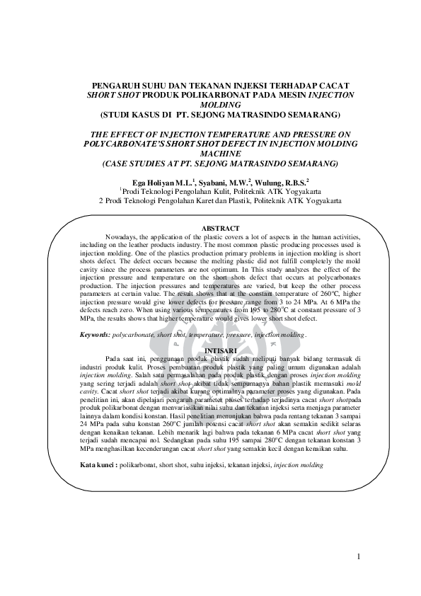 (PDF) Pengaruh Suhu Dan Tekanan Injeksi Terhadap Cacat Short Shot ...