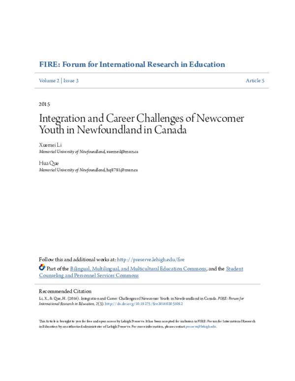 (PDF) Integration and Career Challenges of Newcomer Youth in Newfoundland in Canada