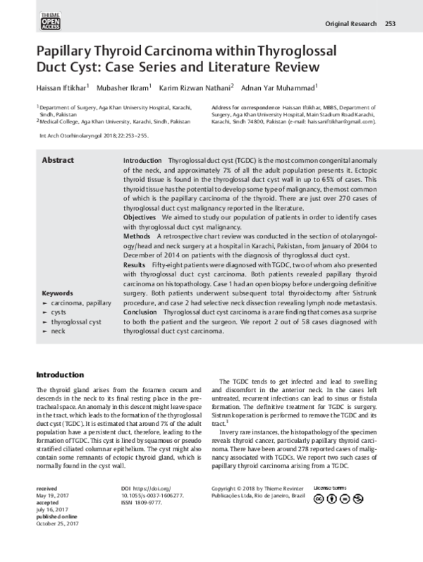 (PDF) Papillary Thyroid Carcinoma within Thyroglossal Duct Cyst: Case Series and Literature ...