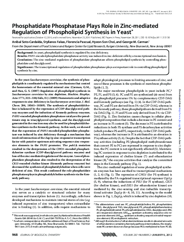 (PDF) Phosphatidate Phosphatase Plays Role in Zinc-mediated Regulation ...