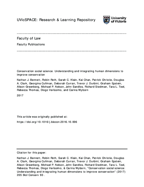 (PDF) Conservation social science: Understanding and integrating human ...