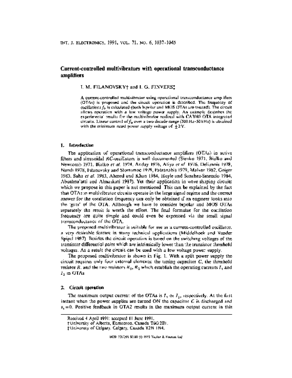 (PDF) Current-controlled multivibrators with operational transconductance amplifiers