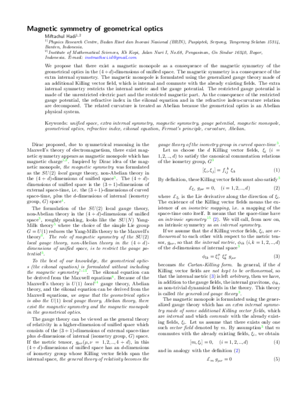 (PDF) Magnetic symmetry of geometrical optics | Miftachul Hadi ...