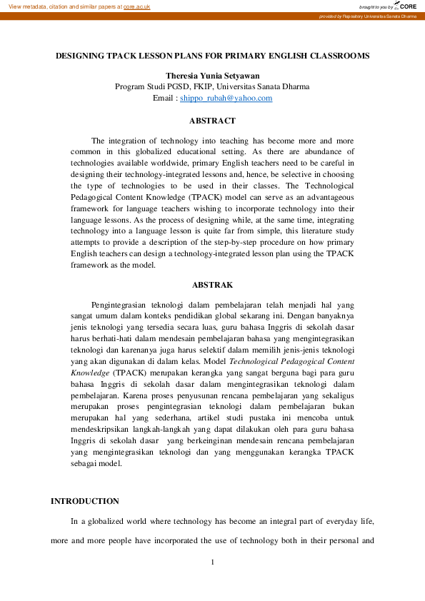 (PDF) Designing TPACK Lesson Plans for Primary English Classrooms