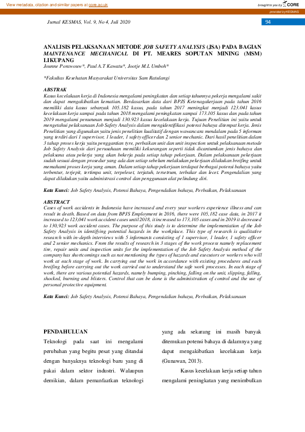 (PDF) Analisis Pelaksanaan Metode Job Safety Analysis (Jsa) Pada Bagian Maintenance Mechanical ...