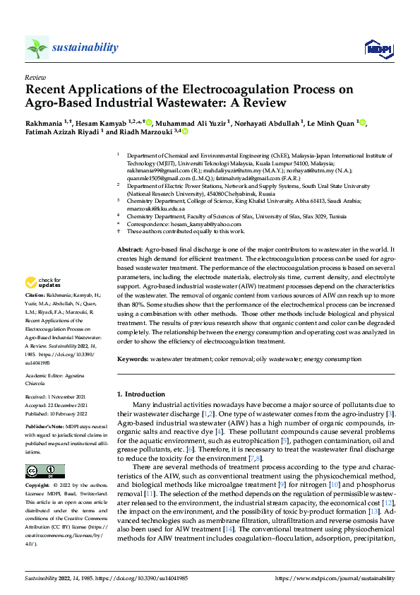 (PDF) Recent Applications of the Electrocoagulation Process on Agro-Based Industrial Wastewater ...
