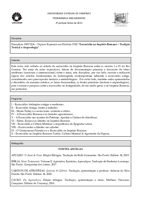 (PDF) Syllabus/Ementa: Escravidão no Império Romano, Unicamp 2022