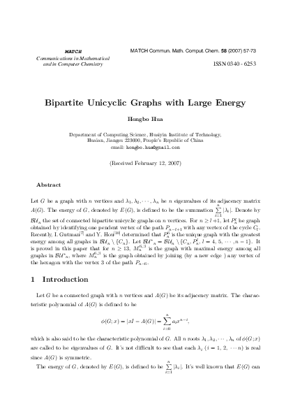 (PDF) Bipartite unicyclic graphs with large energy