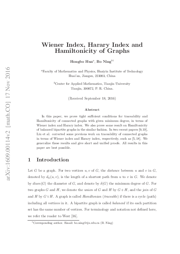 (PDF) Wiener index, Harary index and Hamiltonicity of graphs