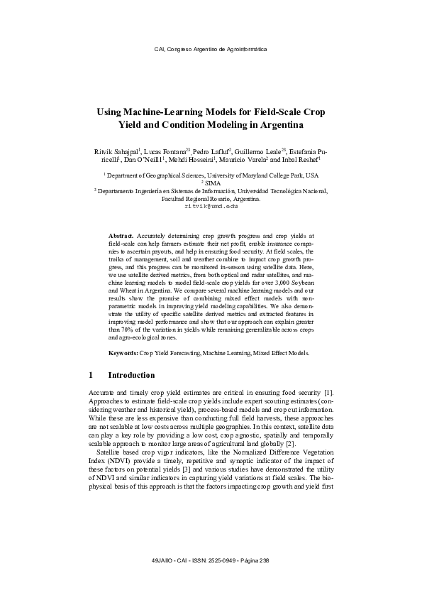 (PDF) Using Machine-Learning Models for Field-Scale Crop Yield and Condition Modeling in Argentina