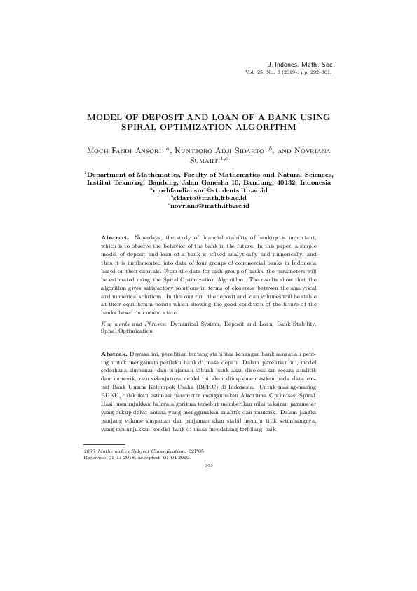 Pdf Model Of Deposit And Loan Of A Bank Using Spiral Optimization Algorithm
