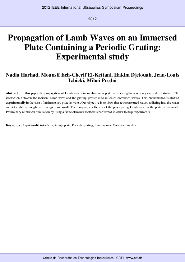 (PDF) Propagation of Lamb waves on an immersed plate containing a periodic grating: Experimental ...