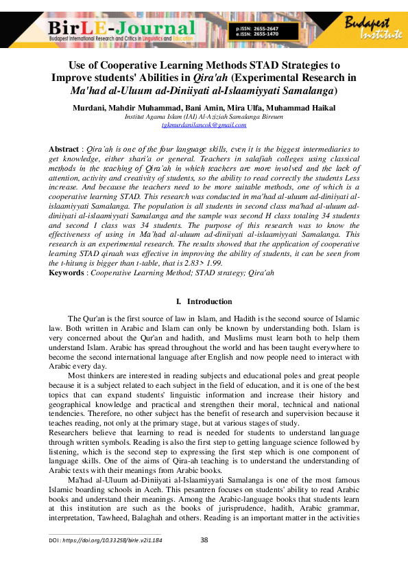 (PDF) Use of Cooperative Learning Methods STAD Strategies to Improve students' Abilities in Qira ...