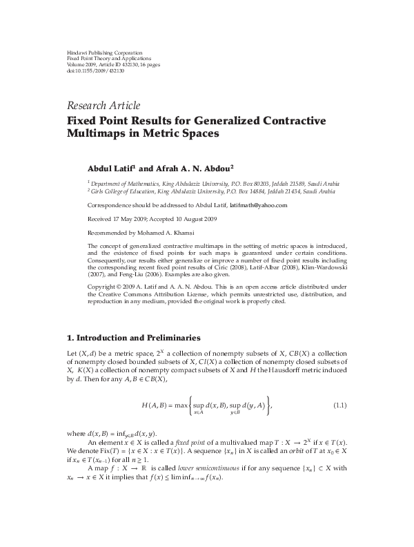 (PDF) Fixed Point Results for Generalized Contractive Multimaps in Metric Spaces