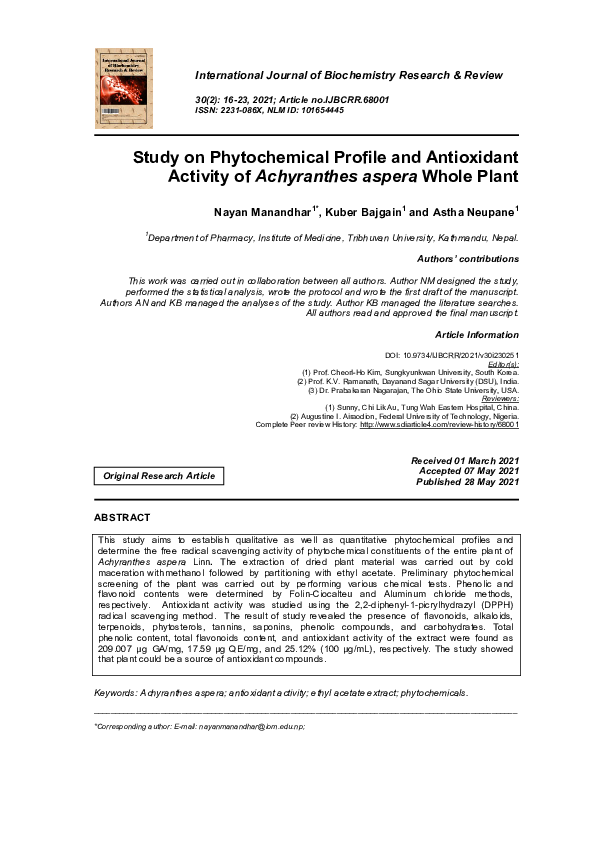 (PDF) Study on Phytochemical Profile and Antioxidant Activity of Achyranthes aspera Whole Plant