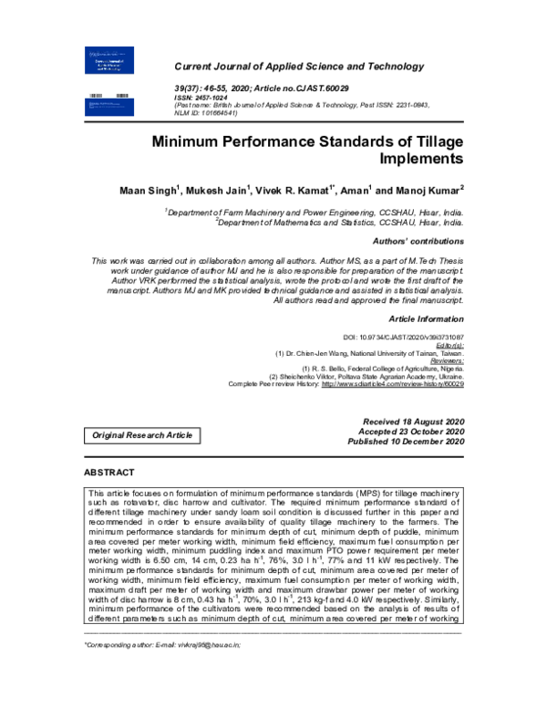 (PDF) Minimum Performance Standards of Tillage Implements