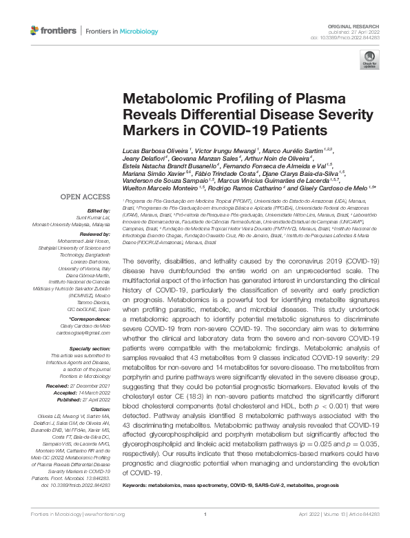 (PDF) Plasma Metabolomics Identifies COVID-19 Severity Marks
