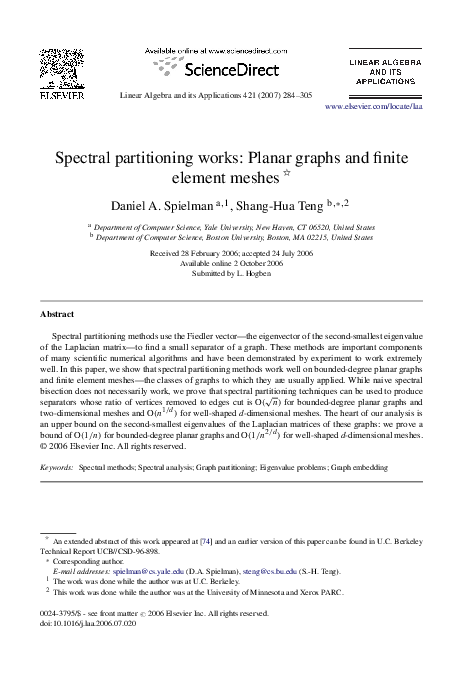 Pdf Spectral Partitioning Works Planar Graphs And Finite Element Meshes S Teng