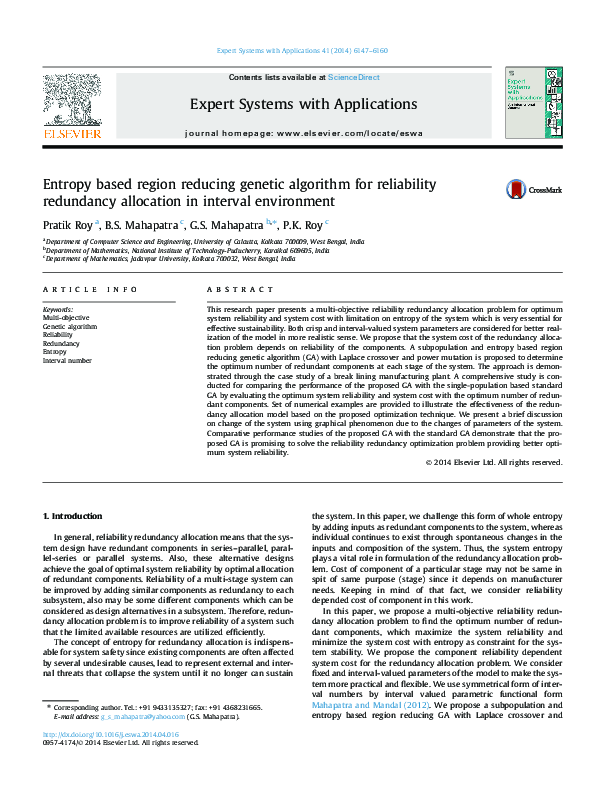 Pdf Entropy Based Region Reducing Genetic Algorithm For Reliability Redundancy Allocation In