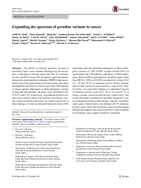 (PDF) Expanding the spectrum of germline variants in cancer