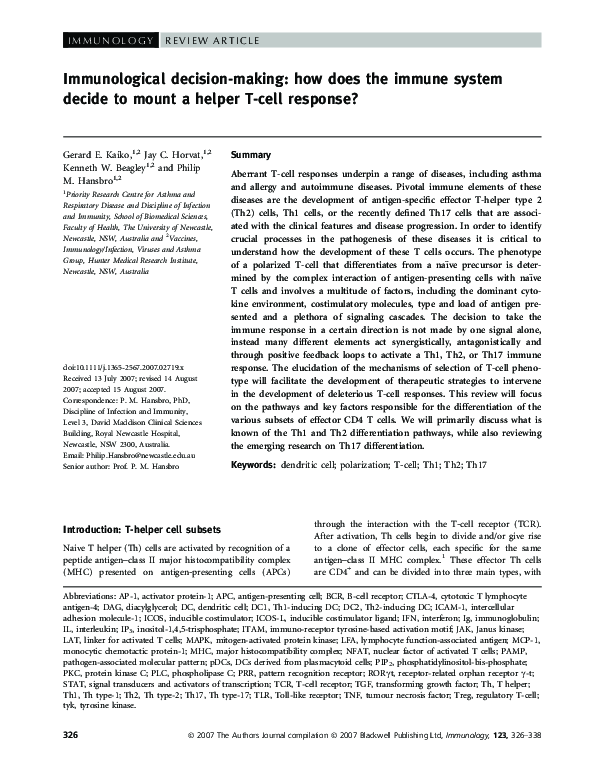 (PDF) Immunological decision-making: how does the immune system decide to mount a helper T-cell ...