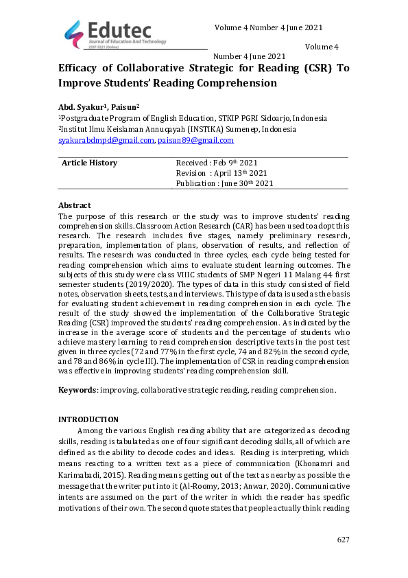 (PDF) Efficacy of Collaborative Strategic for Reading (CSR) To Improve ...