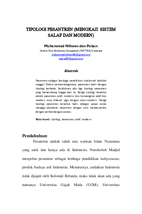 (PDF) Tipologi Pesantren (Mengkaji Sistem Salaf dan Modern)