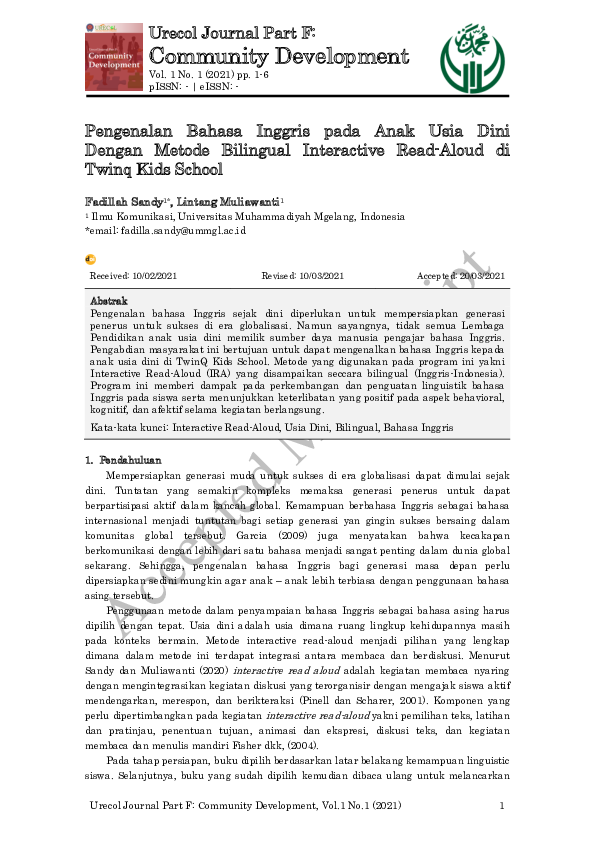 (PDF) Pengenalan Bahasa Inggris pada Anak Usia Dini dengan Metode Bilingual Interactive Read ...