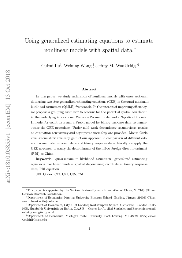 (PDF) Using Generalized Estimating Equations to Estimate Nonlinear Models with Spatial Data