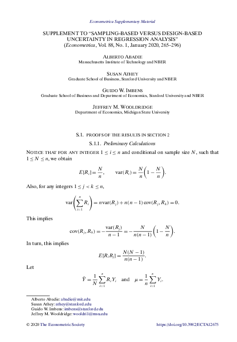 (PDF) Sampling‐Based versus Design‐Based Uncertainty in Regression Analysis | Jeffrey Wooldridge ...