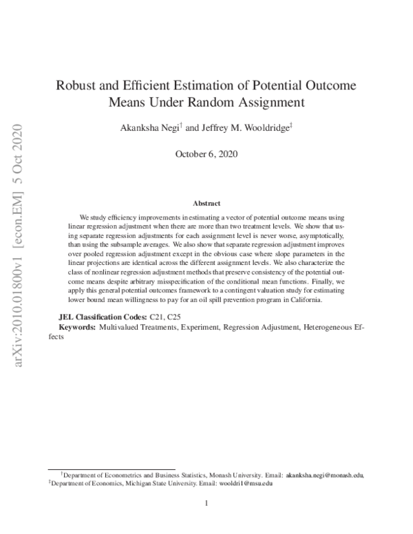 (PDF) Robust and Efficient Estimation of Potential Outcome Means under Random Assignment
