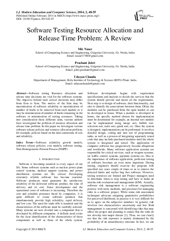 Pdf Software Testing Resource Allocation And Release Time Problem A Review