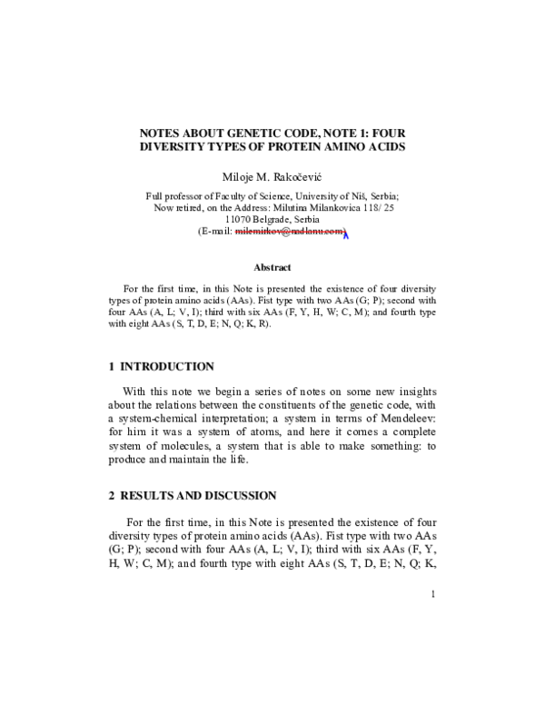 (PDF) Notes about Genetic Code, Note 1: Four Diversity Types of Protein ...