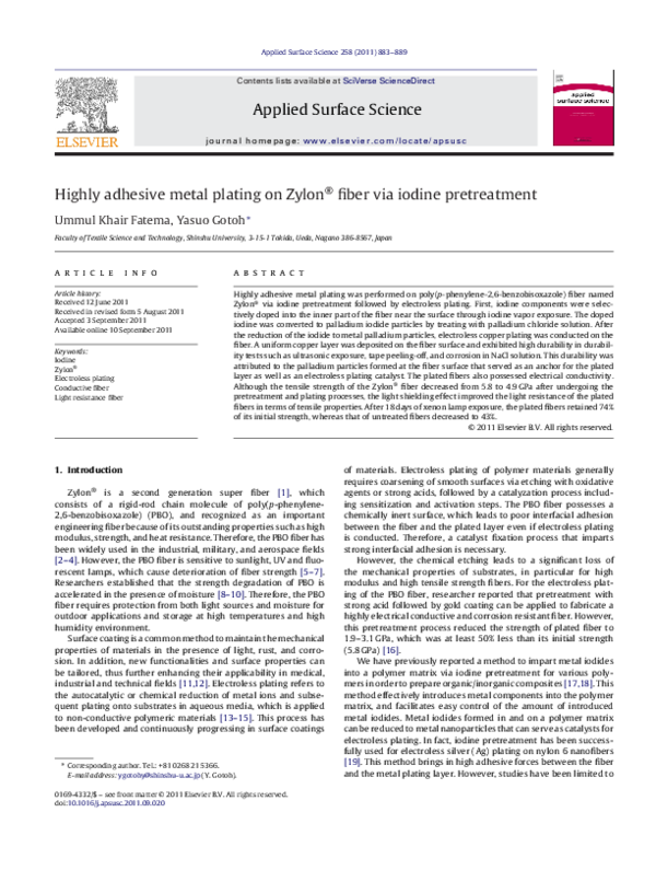(PDF) Highly adhesive metal plating on Zylon® fiber via iodine pretreatment
