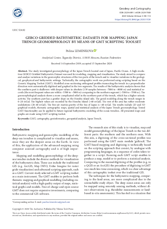 Pdf Gebco Gridded Bathymetric Datasets For Mapping Japan Trench Geomorphology By Means Of Gmt