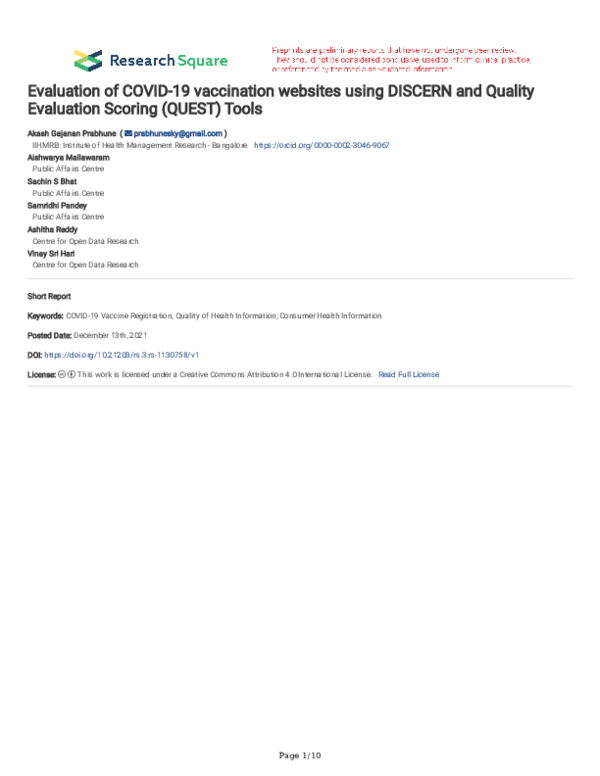 (PDF) Evaluation of COVID-19 vaccination websites using DISCERN and ...