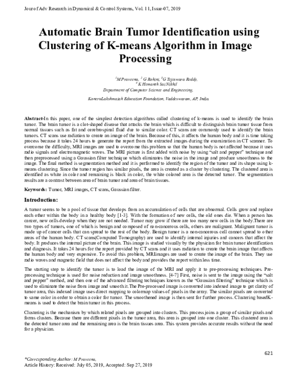 (PDF) Automatic Brain Tumor Identification using Clustering of K-means Algorithm in Image ...