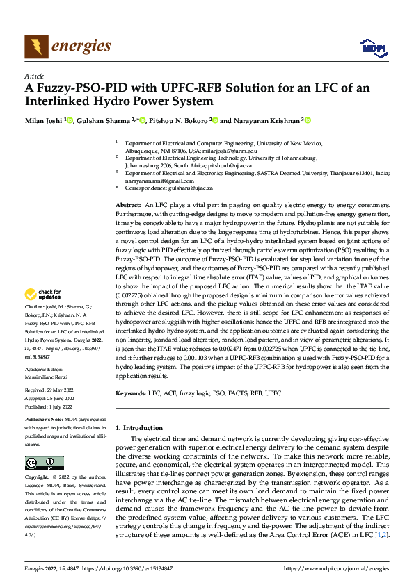 Pdf A Fuzzy Pso Pid With Upfc Rfb Solution For An Lfc Of An Interlinked Hydro Power System