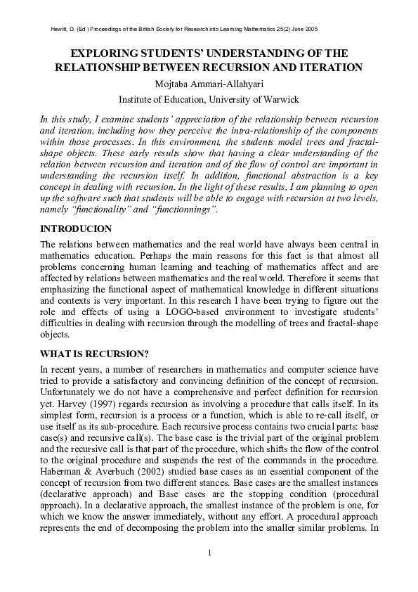 (PDF) Exploring Students' Understanding of the Relationship Between Recursion and Iteration
