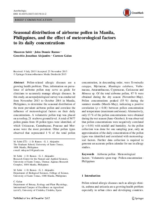 (PDF) Seasonal distribution of airborne pollen in Manila, Philippines ...
