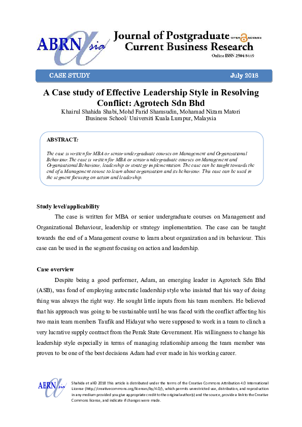 (PDF) A Case study of Effective Leadership Style in Resolving Conflict ...