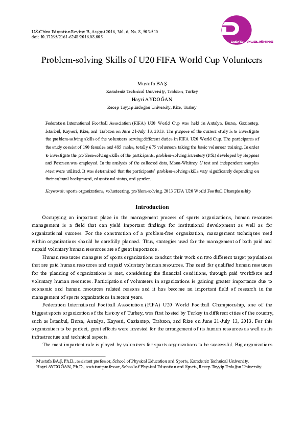 (PDF) Problem-solving Skills of U20 FIFA World Cup Volunteers