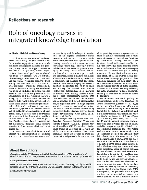 (PDF) Role of oncology nurses in integrated knowledge translation