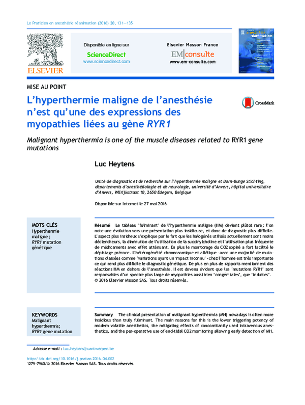 (PDF) L’hyperthermie maligne de l’anesthésie n’est qu’une des expressions des myopathies liées ...