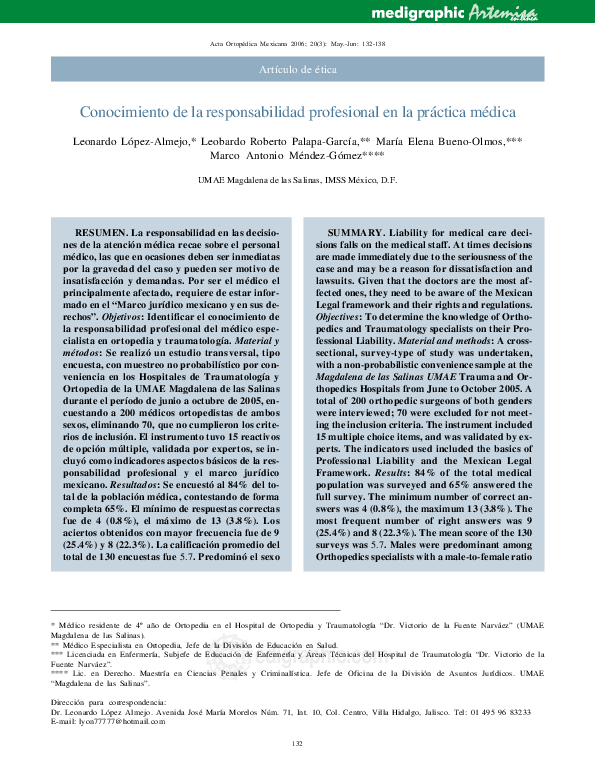 (PDF) Conocimiento de la responsabilidad profesional en la práctica médica
